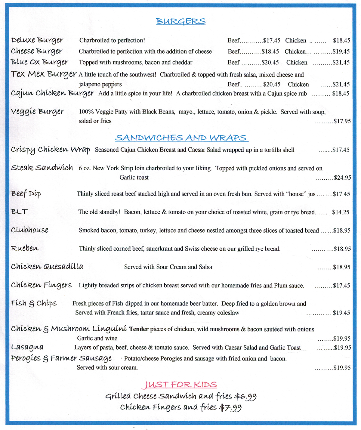 Menu – The Blue Ox Pub